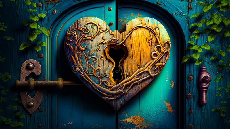 Heart Shaped Lock on Blue Door. Generative AI Stock Illustration ...