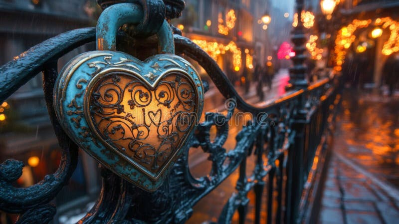 Heart Shaped Lock on Rainy Night Cityscape Stock Illustration ...