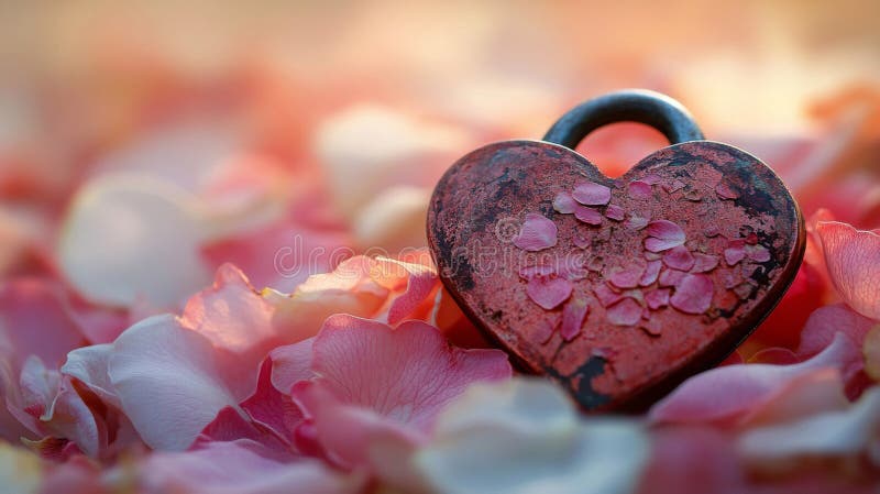 Heart Shaped Lock Resting among Rose Petals Stock Illustration ...