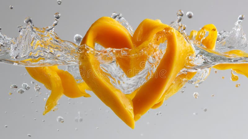 Heart-shaped Mango Slices Splashed in Water with Dynamic Motion and ...