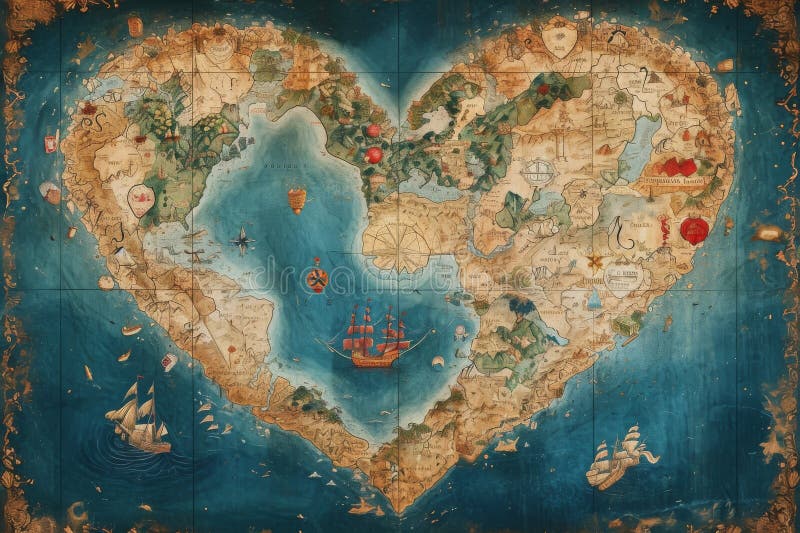 A Heart-shaped Map Adorned with Various Ships Sailing in Different ...