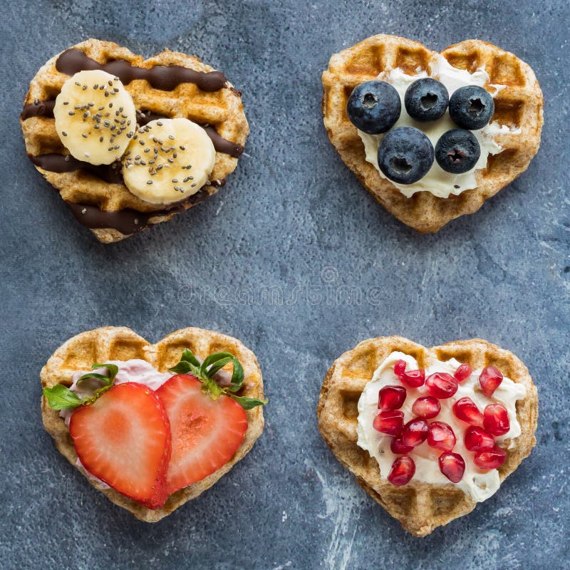Heart Shaped Mini Waffles Topped with Various Spreads and Fruit. Stock ...