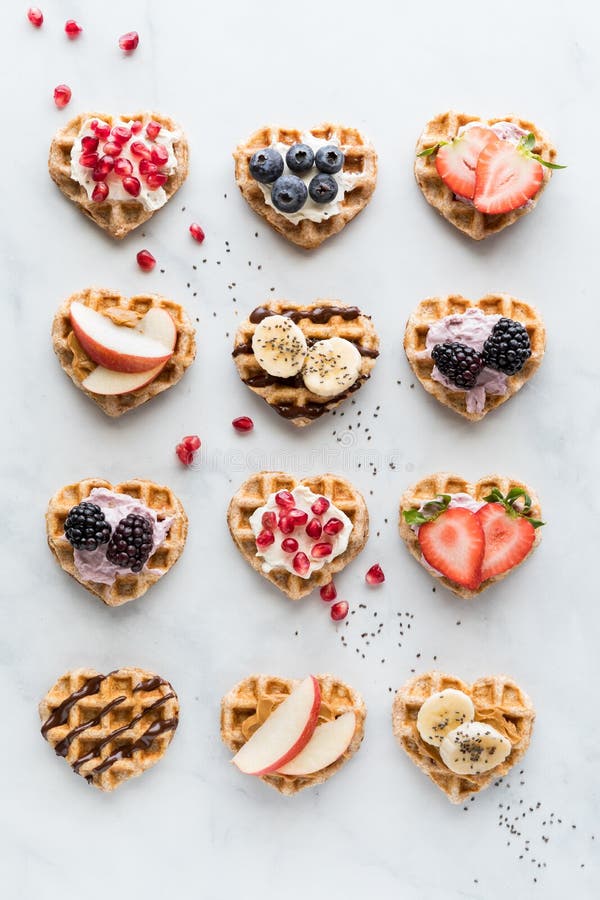 Heart Shaped Mini Waffles with Various Toppings of Spreads and Fresh ...