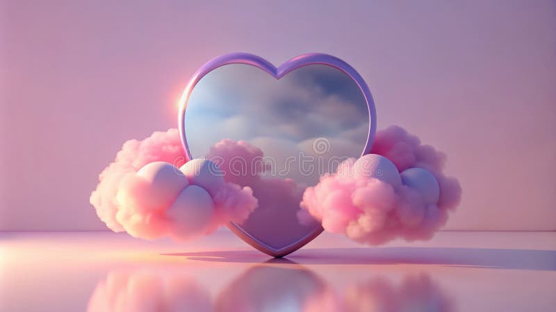 Heart-shaped Mirror with Dreamy Reflections and Pink Clouds Stock Photo ...