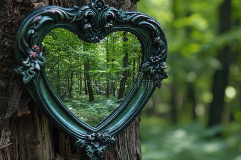 A Heart Shaped Mirror is Securely Attached To a Tree, Creating a ...
