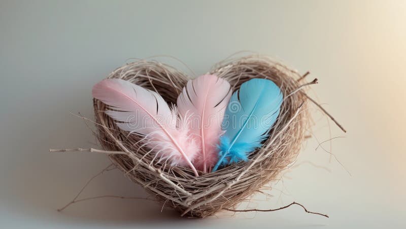 Heart Shaped Nest Holds Pink and Blue Feathers. Stock Image - Image of ...