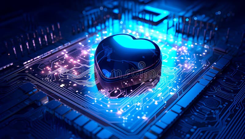 Heart-shaped Object with Circuits and Glowing Blue Light, Set on an ...