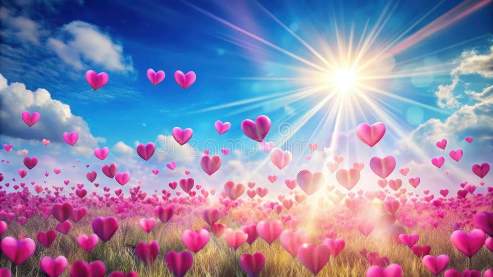 Heart-shaped Objects Float in a Bright, Sunny Sky Above a Field of ...