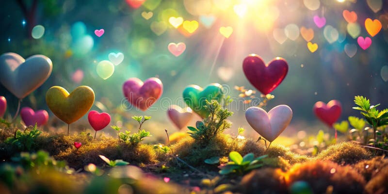 Heart-shaped Objects Sprout from Mossy Ground, Bathed in Sunlight and ...