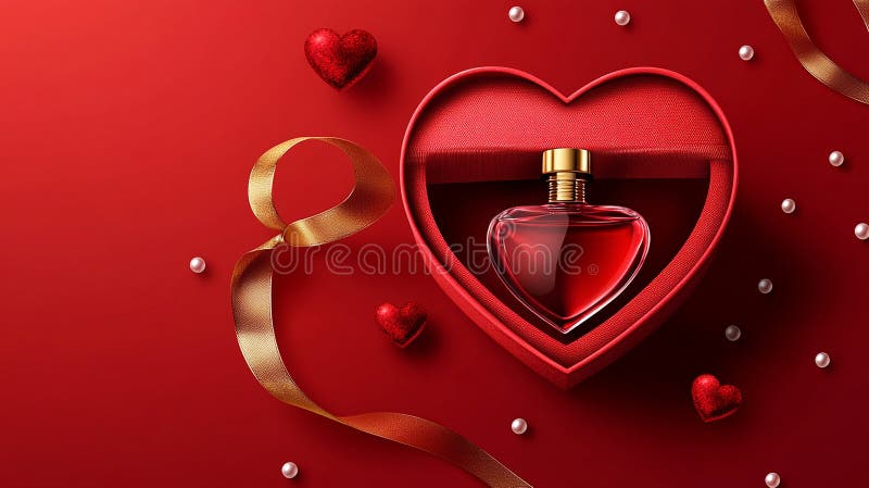 Heart Shaped Open Gift Box with Perfume Bottle Red Stock Image - Image ...