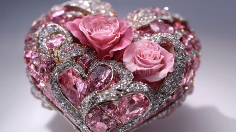 Heart-shaped Ornament Adorned with Pink Roses and Diamonds Stock ...