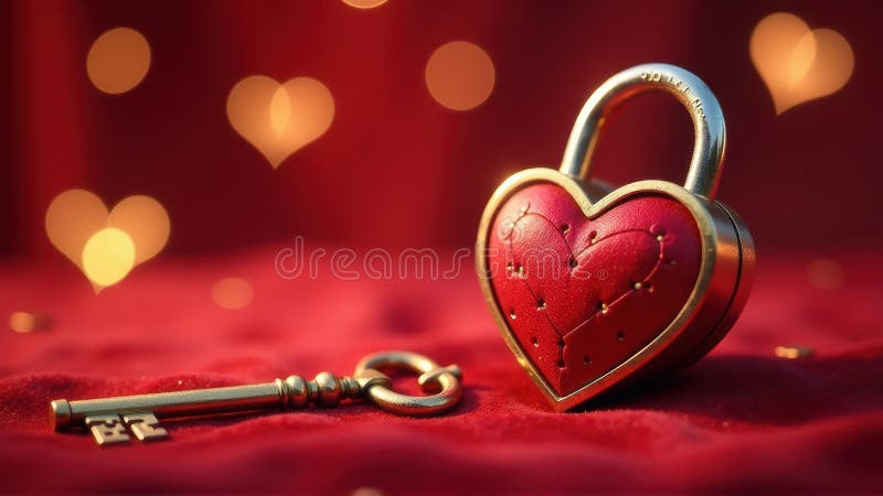 Heart-Shaped Padlock with Key on Red Background Stock Illustration ...