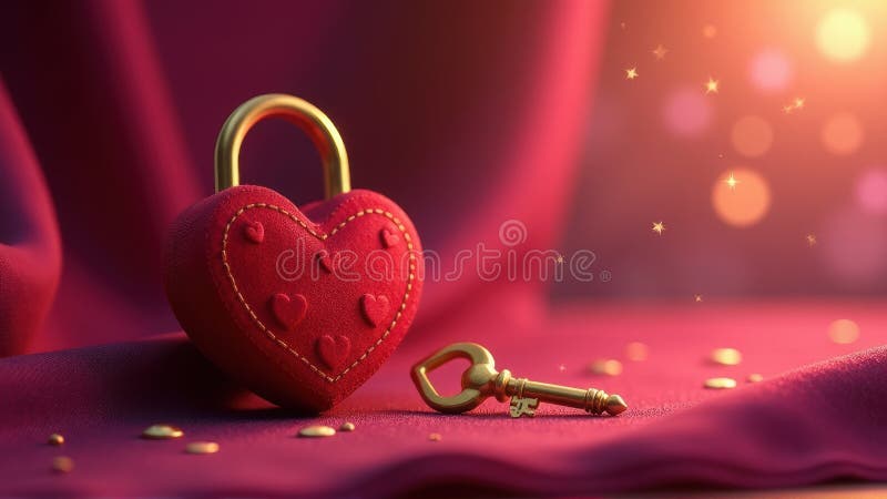 Heart Shaped Padlock and Key on Red Fabric Stock Illustration ...