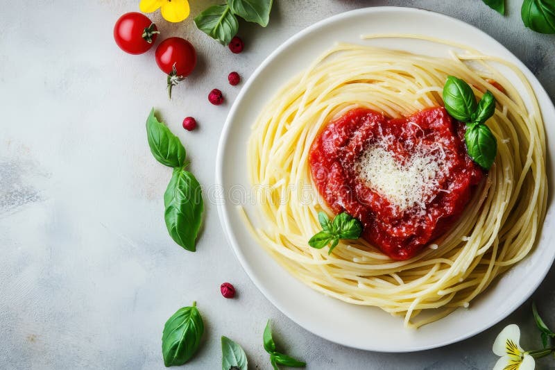 A Heart-shaped Pasta Dish with Tomato Sauce and Basil, Garnished with ...