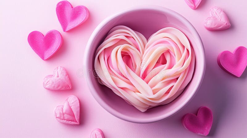 Heart-shaped Pasta in Pink Bowl Surrounded by Pink Heart-shaped Candies ...