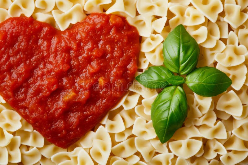 Heart-shaped Pasta with Tomato Sauce and Basil Leaves. Stock Photo ...