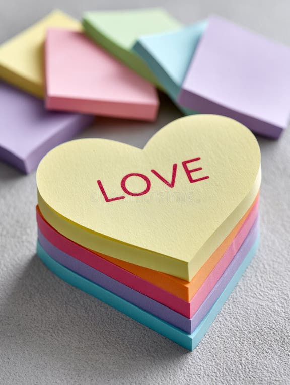 Heart-shaped Pastel Sticky Notes Stack with Love Message. Stock Image ...