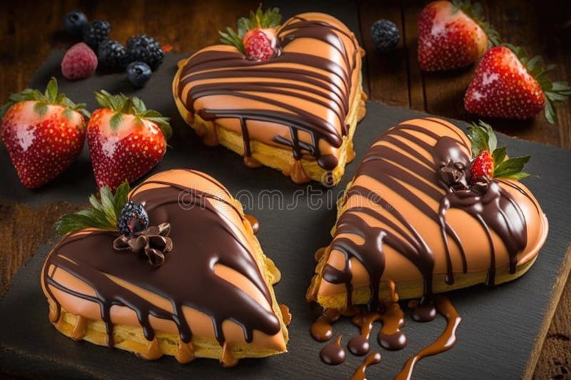 Heart-shaped Pastries with Fruit Filling and Chocolate Drizzle on Top ...