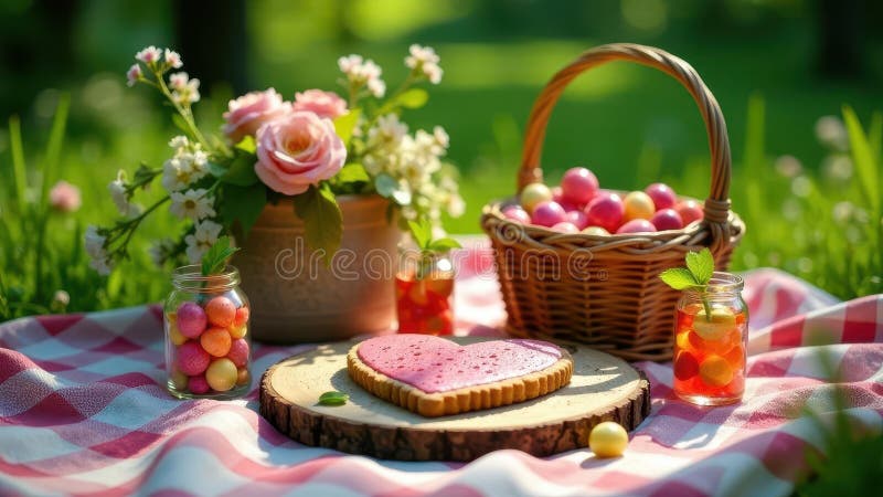 Heart-shaped Pastry and Fruit-filled Picnic Basket on Checkered Cloth ...