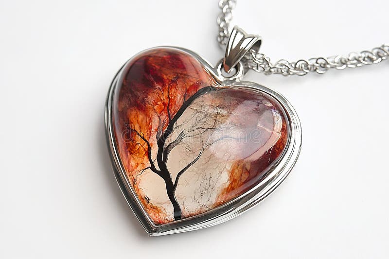 Heart Shaped Pendant with Tree Design on Silver Chain Stock Photo ...