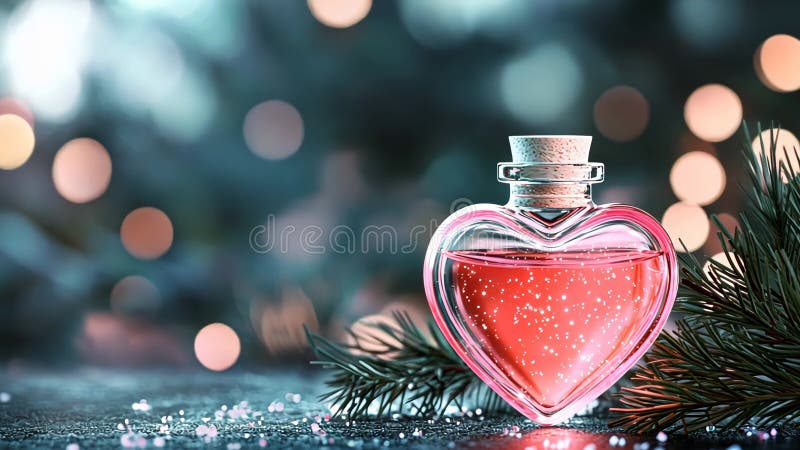 Heart Shaped Perfume Bottle with Sparkling Liquid on Festive Background ...