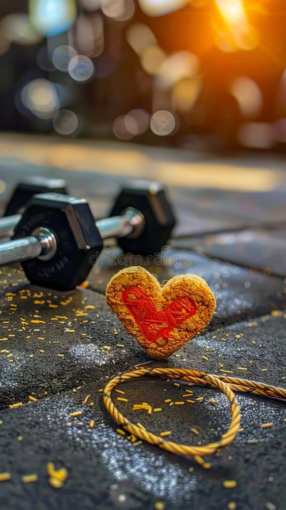 A Heart Shaped Piece of Candy and a Barbell on the Ground Stock Image ...