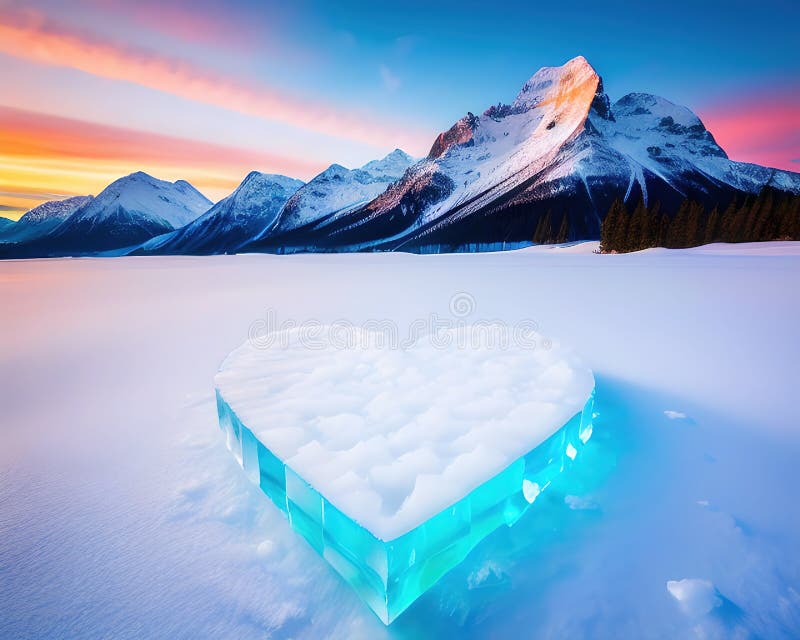 A Heart Shaped Piece of Ice with Mountains Background by AI Generated ...