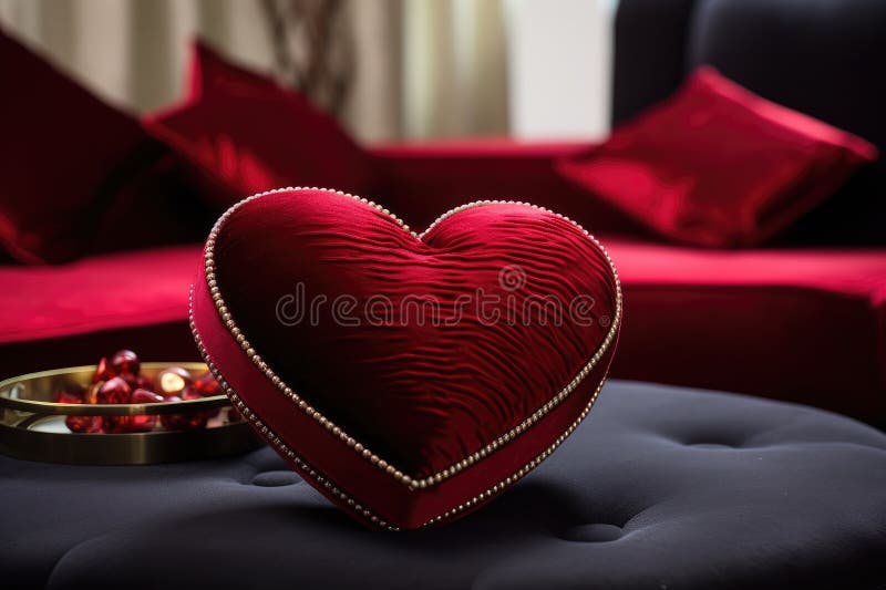 A Heart-shaped Pillow Rests on a Blue Ottoman, Creating a Charming and ... A Heart-shaped Pillow Rests on a Blue Ottoman, Creating a Charming and ...