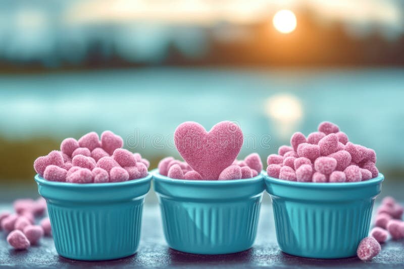Heart-Shaped Pink Candy in Blue Cups at Sunset by the Lake Stock Image ...