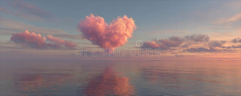 Heart-shaped Pink Cloud Over a Serene Ocean at Sunset, Digital Artwork ...