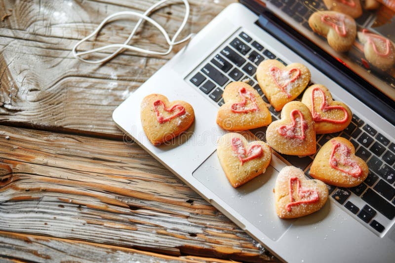 Heart-shaped Pink Cookies with White Icing on a Laptop, Creating a ...