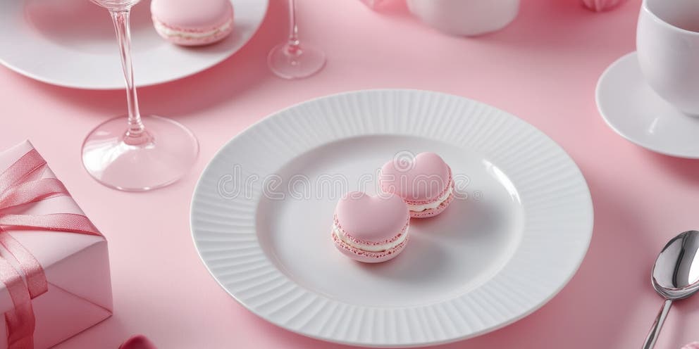 Heart Shaped Pink Macarons on Elegant Table Setting for Romantic ...