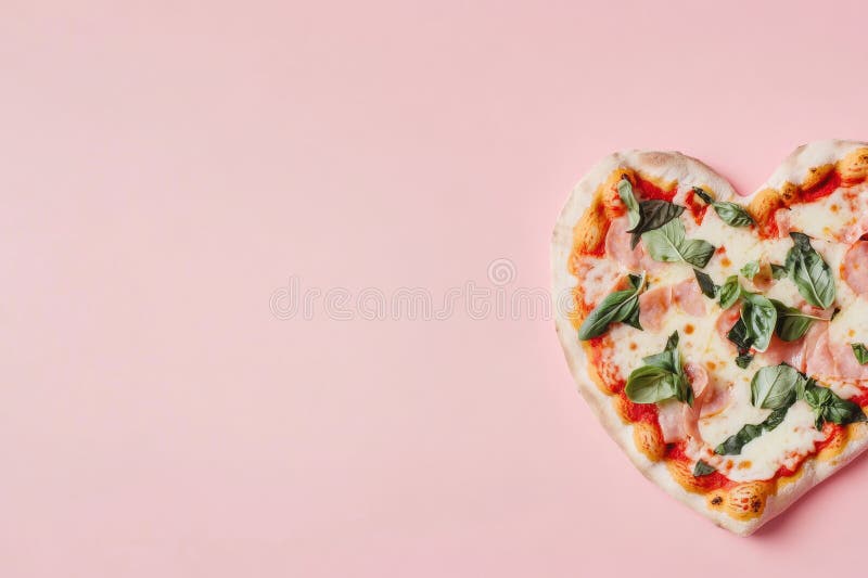 Heart Shaped Pizza with Fresh Basil and Mozzarella on Light Pink ...