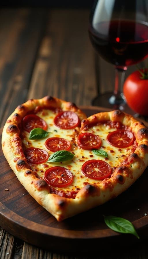 Heart Shaped Pizza, Red Wine, Rustic Wood Table, Cozy, Red Wine Stock ...