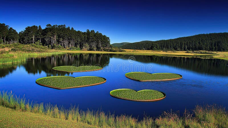 Heart-shaped Plants Float on Serene Lake, Forest Backdrop, Romantic ...