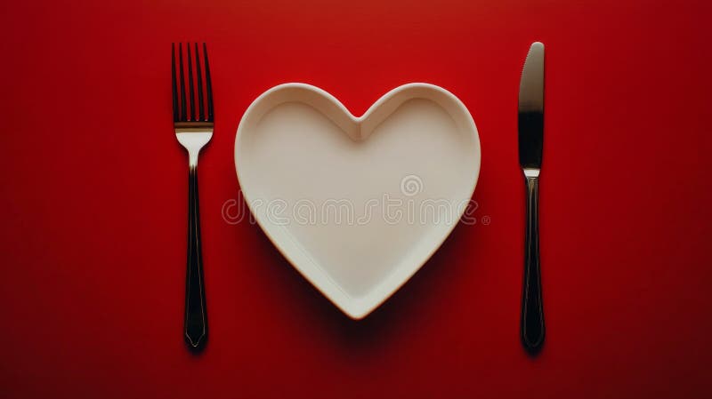Heart Shaped Plate with Fork and Knife on a Red Background Set for a ...