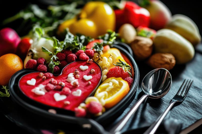 Heart-shaped Platter of Fruit and Vegetables is Set on a Table with a ...
