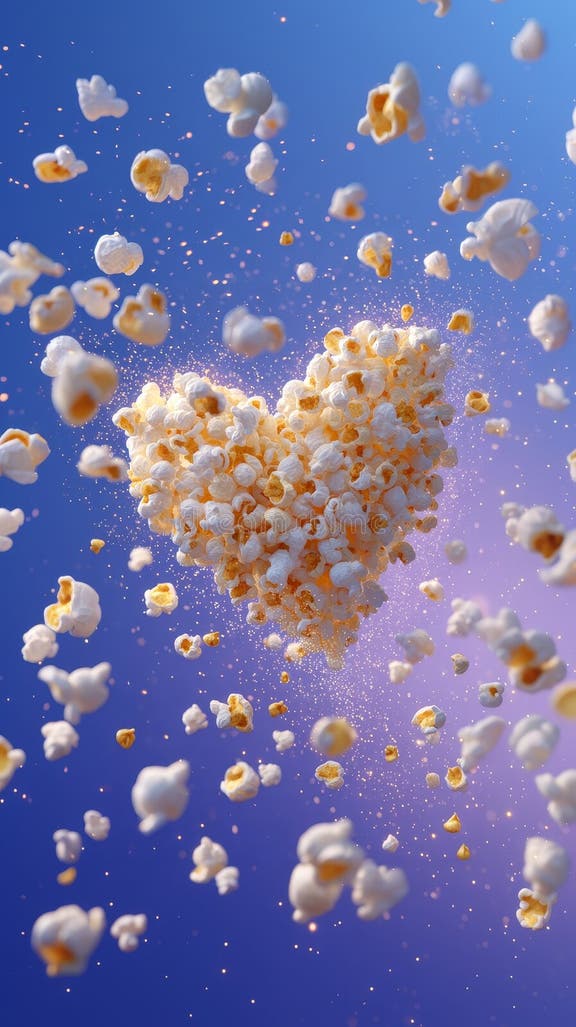 Heart-shaped Popcorn Burst Surrounded by Floating Kernels Against a Gradient Background Stock ...