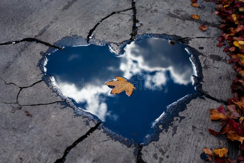Heart-shaped Puddle with Leaf on Cracked Pavement Reflecting Blue Sky ...