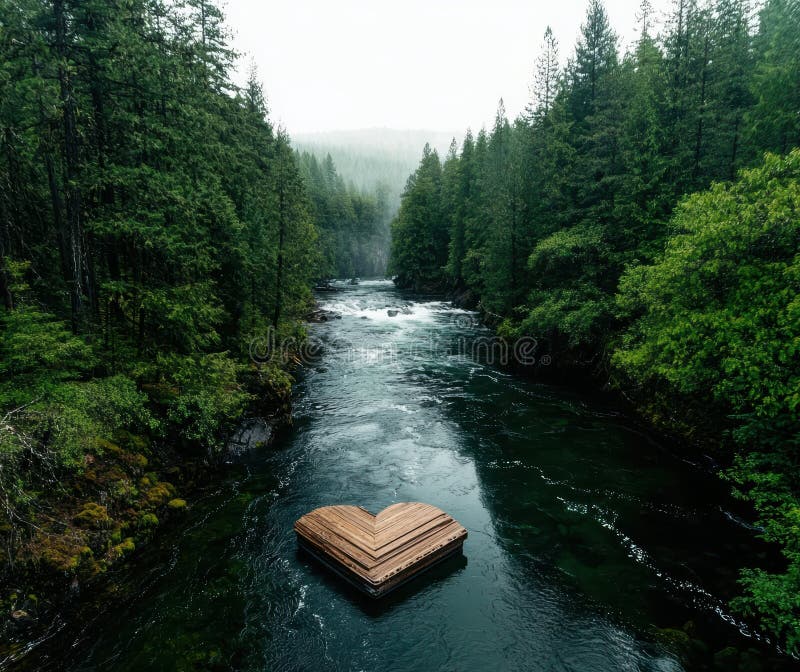 Heart Shaped Raft Floating on a River in a Forest. Stock Illustration ...
