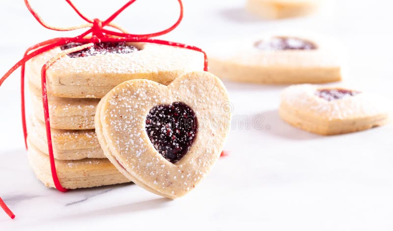 Heart Shaped Raspberry Linzer Cookies for Valentines Day. Stock Photo ...