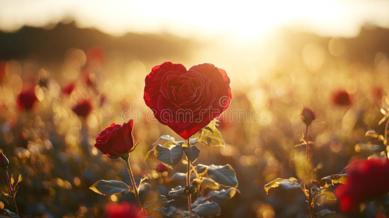 Heart Shaped Red Rose in Sunset Field Stock Illustration - Illustration ...