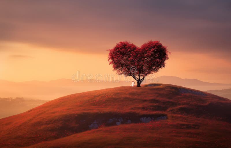 Heart Shaped Red Tree on the Field Stock Illustration - Illustration of ...