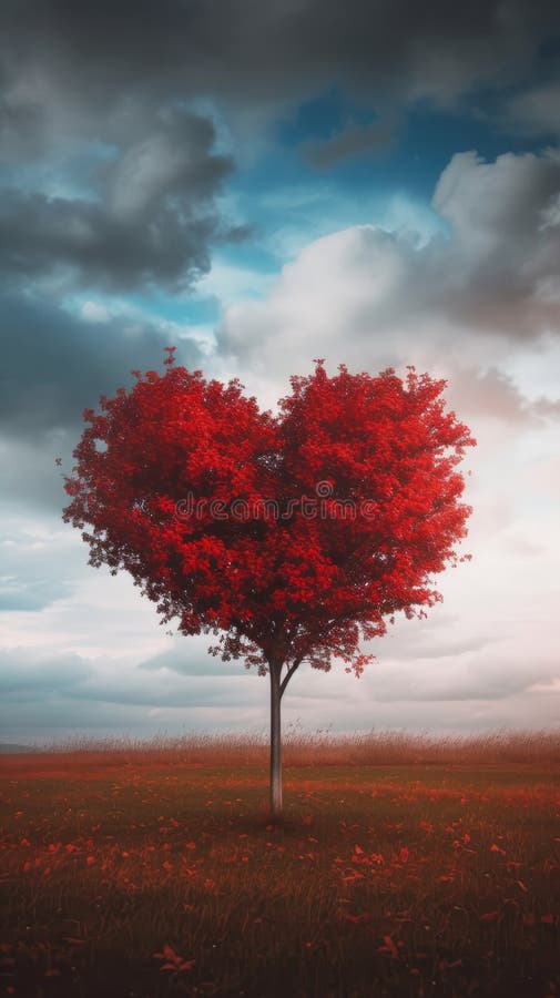 Heart-shaped Red Tree in a Field, Romantic Concept Stock Image - Image ...