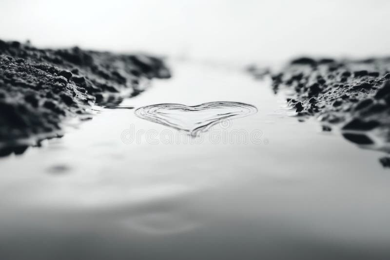 Heart-shaped Reflection in Puddle Amidst Muddy Pathway in Black and ...