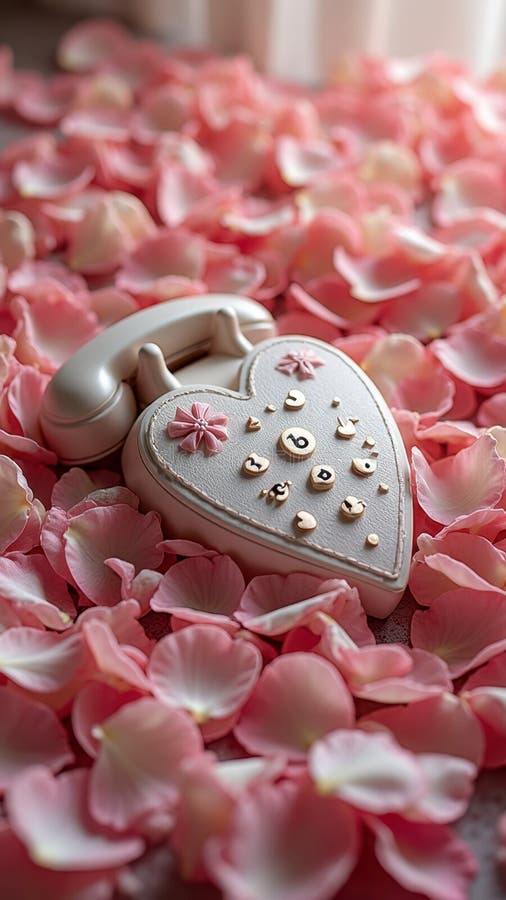 Heart-shaped Retro Telephone on Pink Rose Petals with Pastel Buttons ...