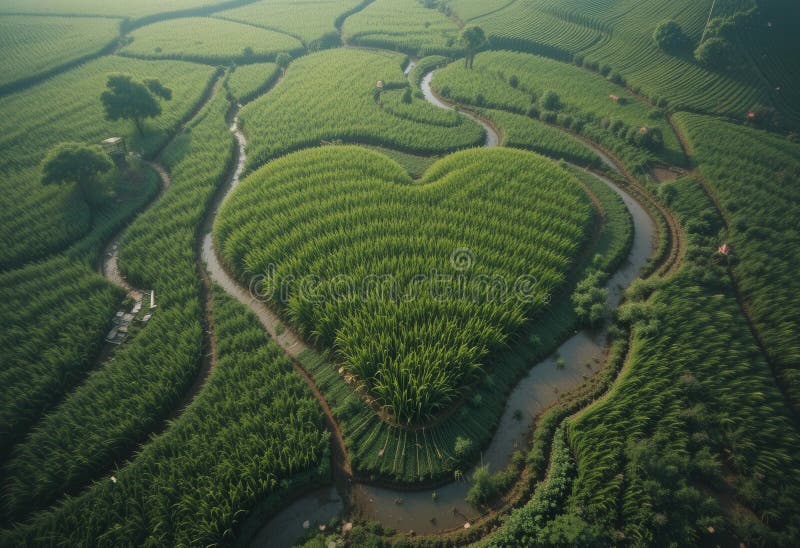 Heart-shaped Rice Field with Winding Streams in Lush Greenery Stock ...