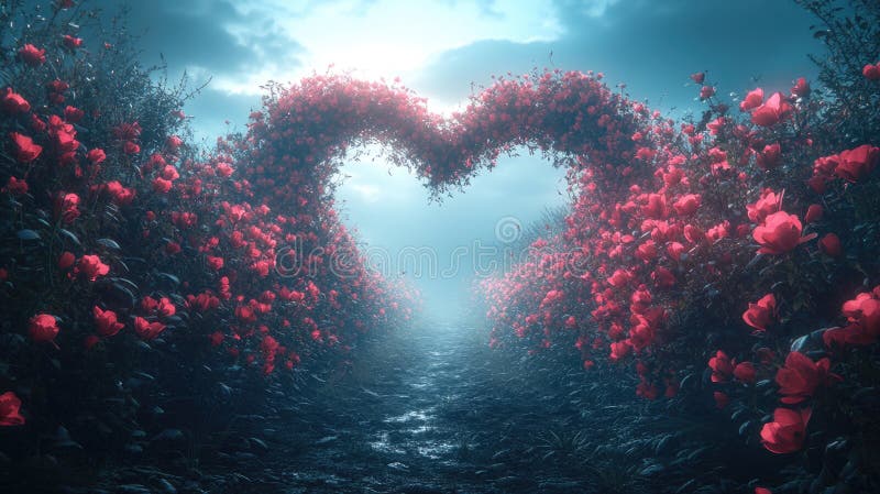 Heart-shaped Rose Archway in Mystical Garden Pathway Under Moonlight ...
