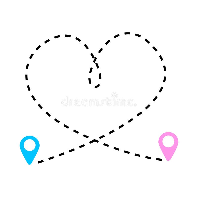 Heart Shaped Route Map. Black Dashed Lines. Pink and Blue Markers ...