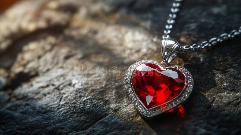 Heart-shaped Ruby Gemstone Necklace on Rocky Surface Reflecting Light ...